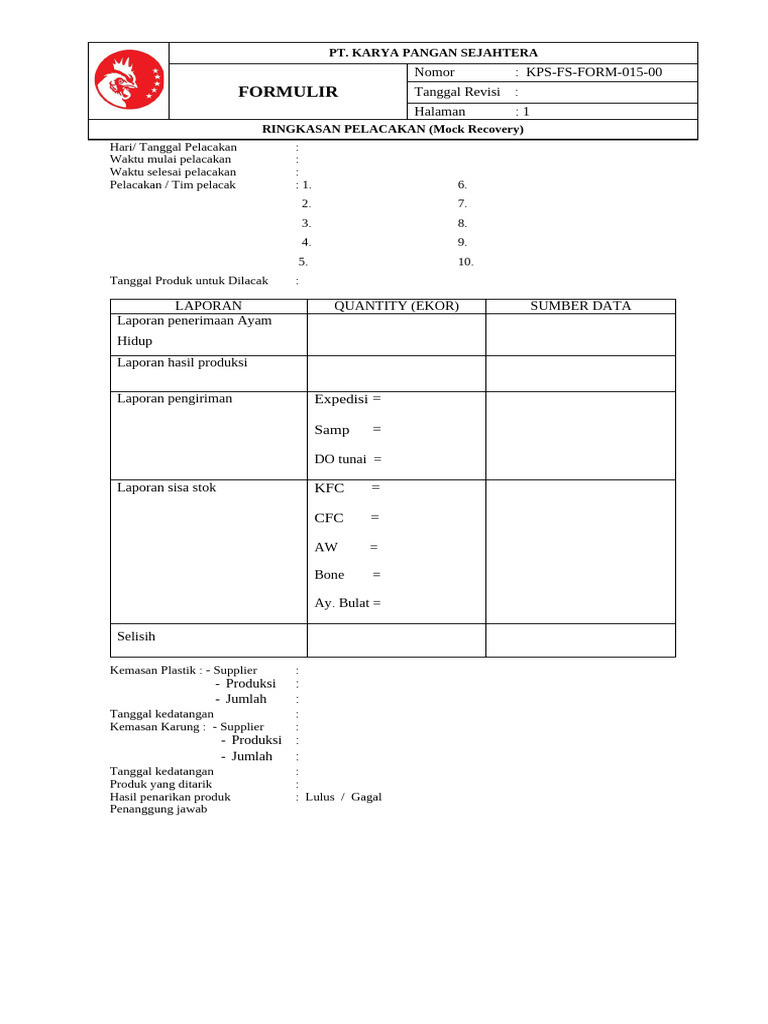 KPS-FS-FORM-15-00 Ringkasan Pelacakan - Mock Recovery | PDF