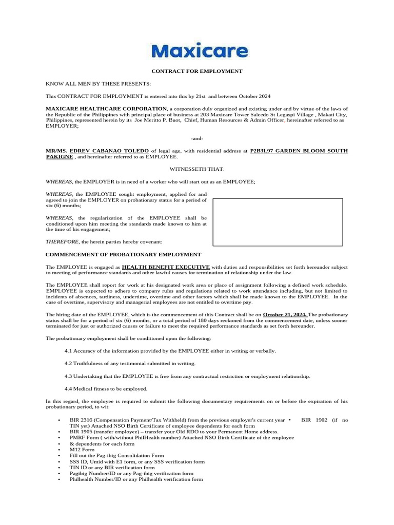 Employment Contract for Health Executive | PDF | Employment | Salary