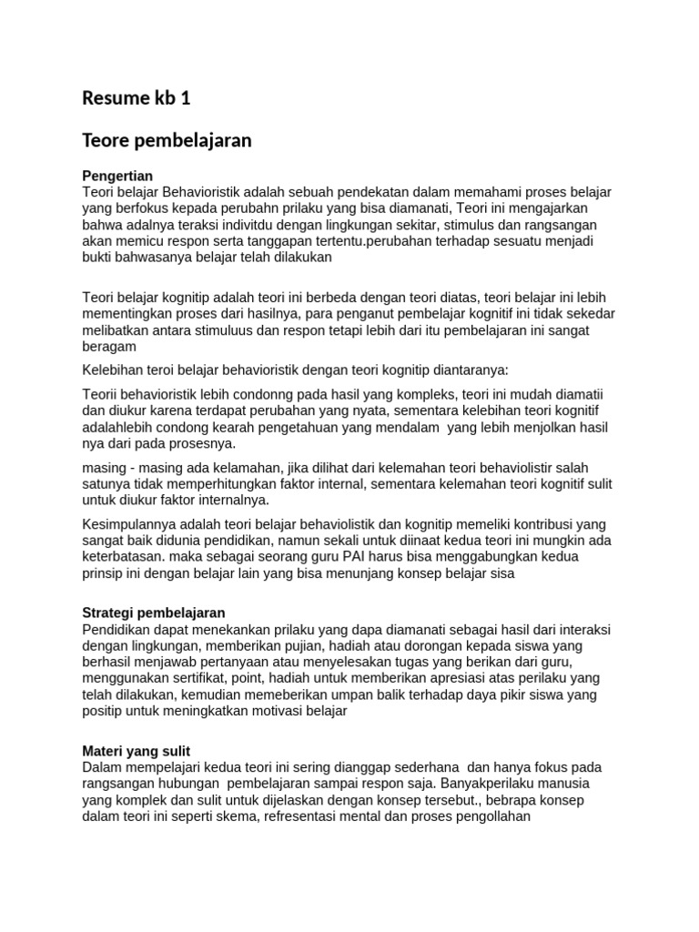 Resume kb1 SD 4 Modul Teore Pembelajaran | PDF