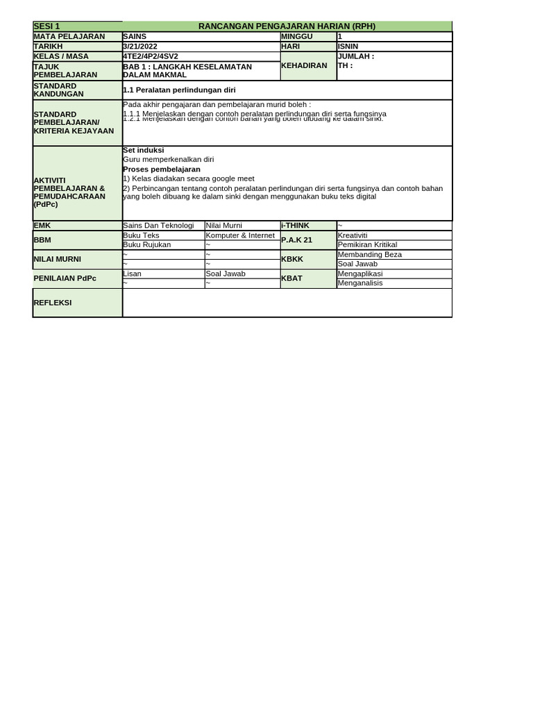 RPH Sains dan Biologi: Keselamatan Makmal | PDF