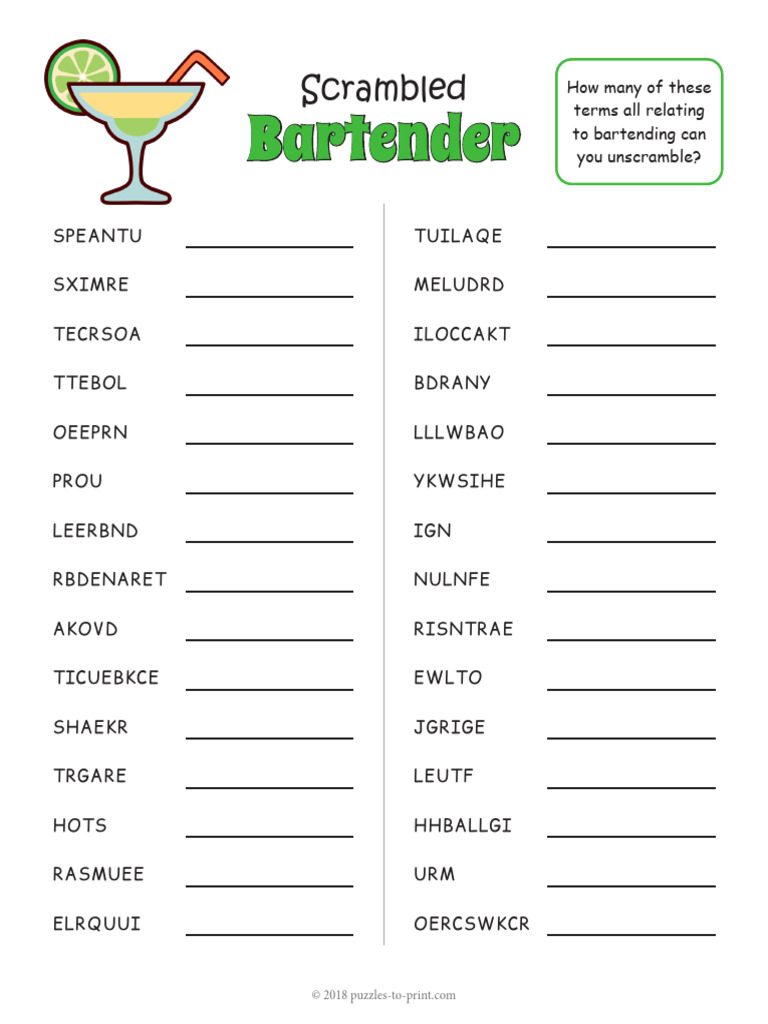 bartender-word-scramble | PDF | Bartending | Alcohol