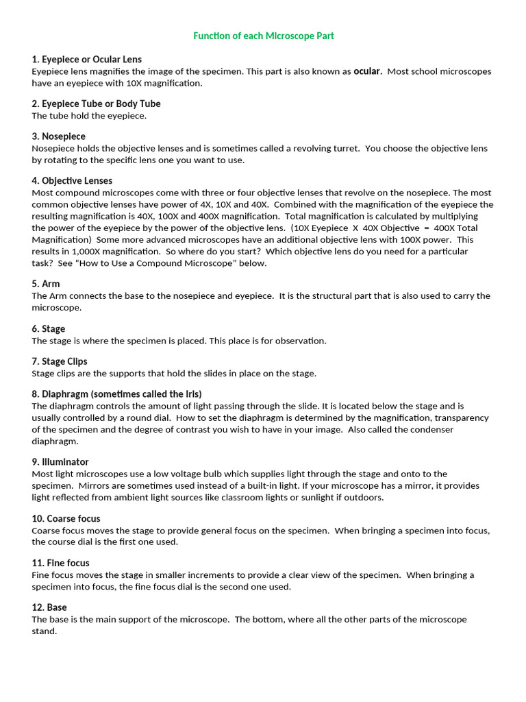 Function of Each Microscope Part | PDF | Glass Engineering And Science ...