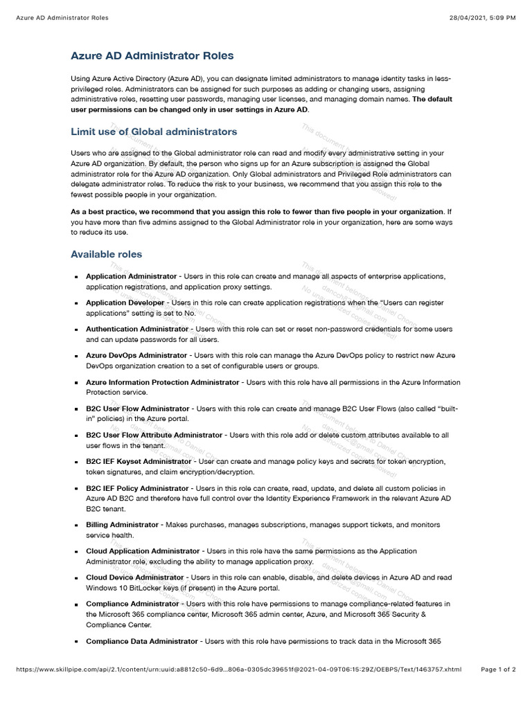 Azure AD Administrator Roles - Page 3 | PDF | Microsoft Azure | Active ...