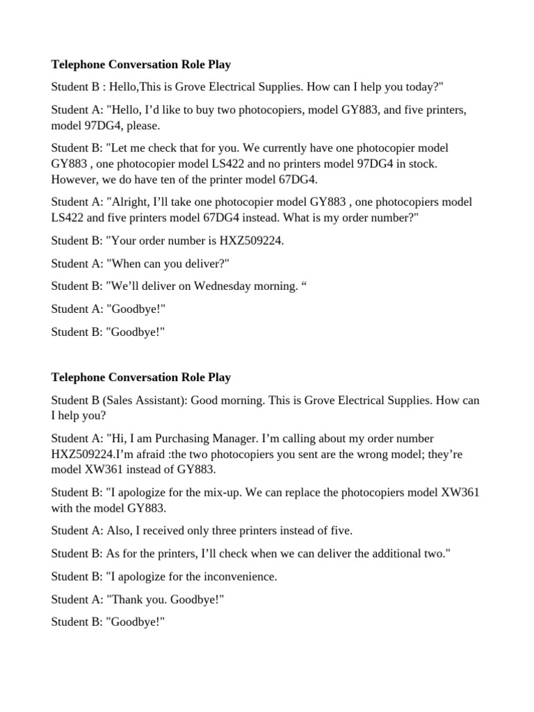 Telephone Conversation Role Play | PDF