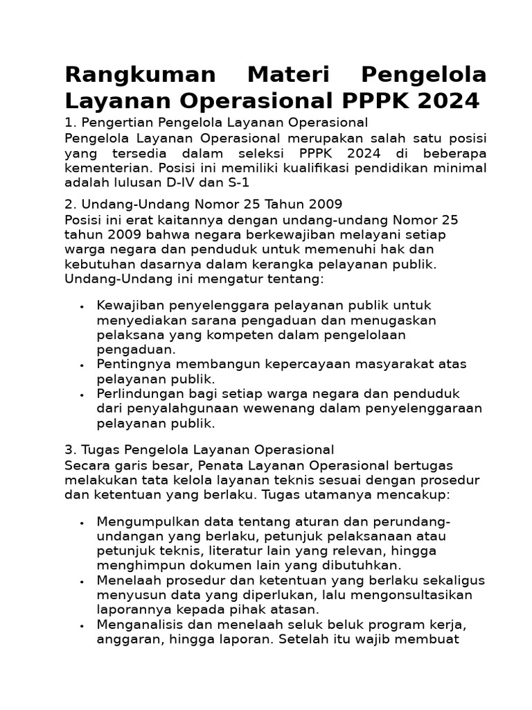 Rangkuman Materi Pengelola Layanan Operasional PPPK 2024 | PDF