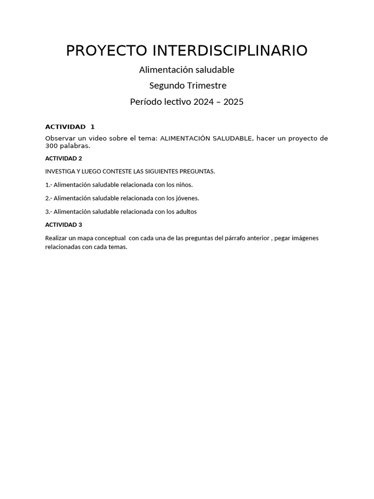 Proyecto Interdisc. Alimentación Saludable 2do Trimestre 2024 - 2025 | PDF