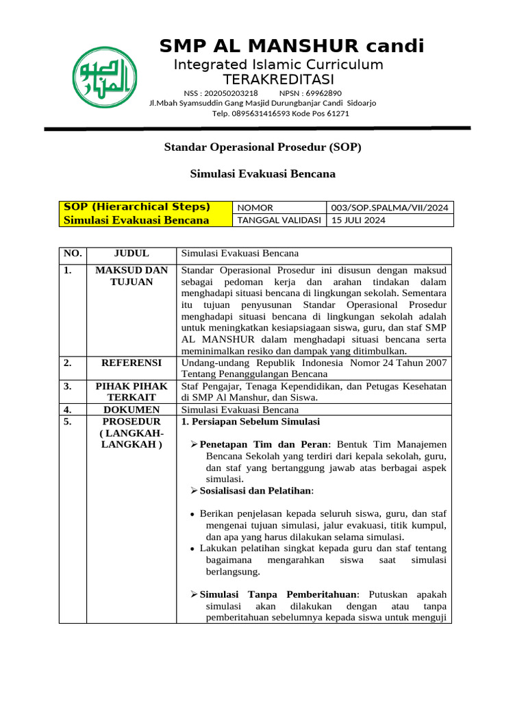 SOP Simulasi Bencana SMP Al Manshur | PDF