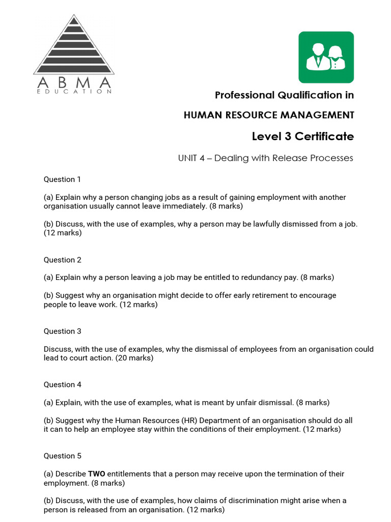 HRMA Level 3 Unit 4 Sample Paper 1 | PDF