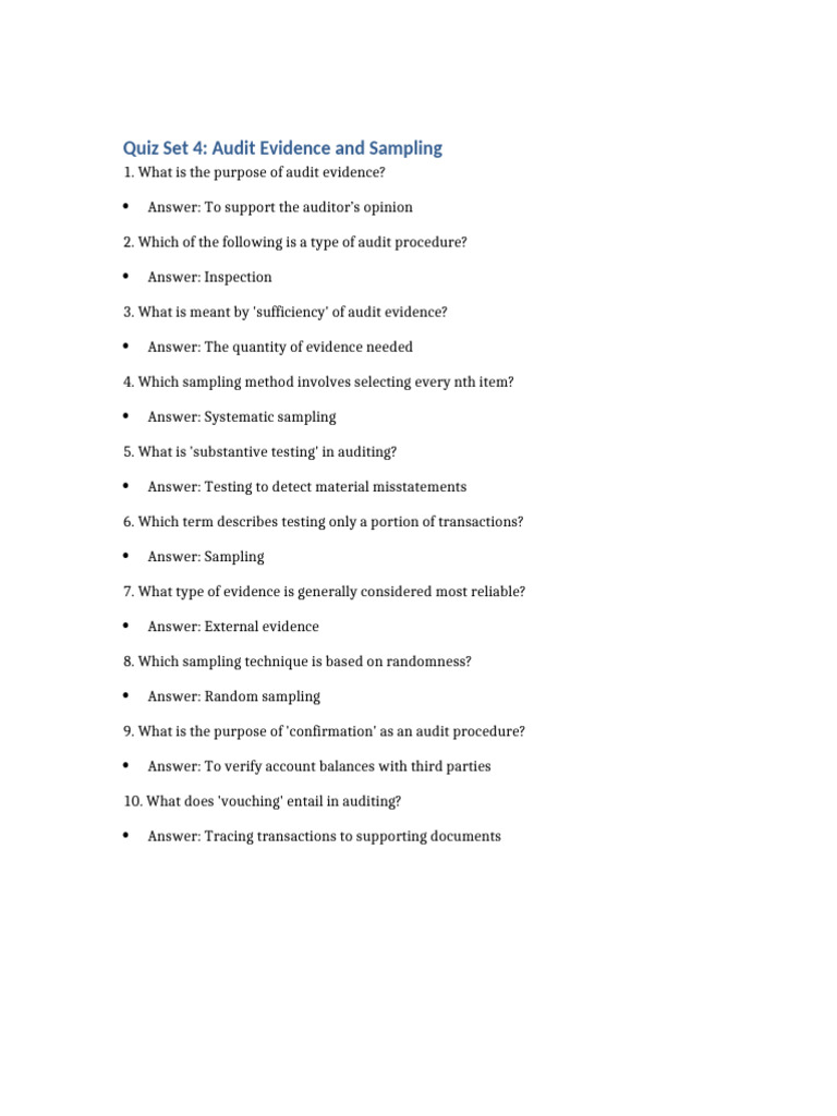 Quiz Set 4 Audit Evidence and Sampling With Answers | PDF | Business | Law