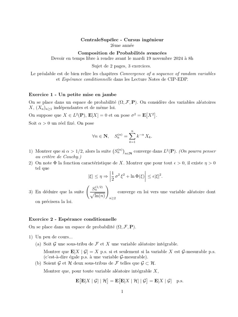 DM ProbaAvancées CS 2024 | PDF | Théorie des probabilités | Probabilité