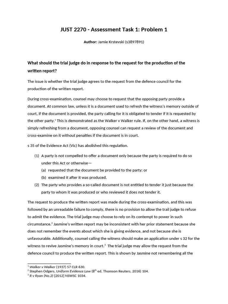 Assessment Task 1 - Problem 1 | PDF | Witness | Trials