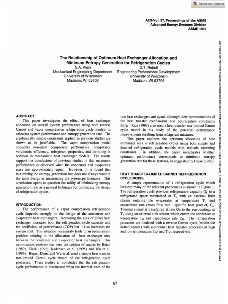 1997 - Klein Reindl - The Relationships of Opt HX Allocation and Minimum Entropy Gen | PDF ...