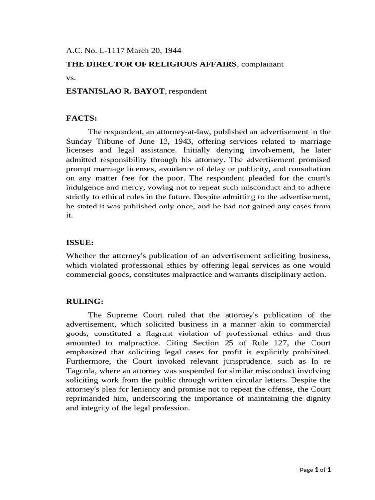 01 AC No. L-1117 - Director of Religious Affairs Vs Bayot | PDF | Law