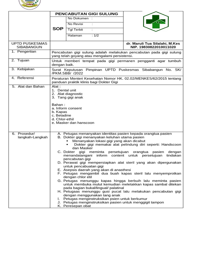 SOP Pencabutan Gigi Susu | PDF | Kesehatan Holistik | Sains & Matematika