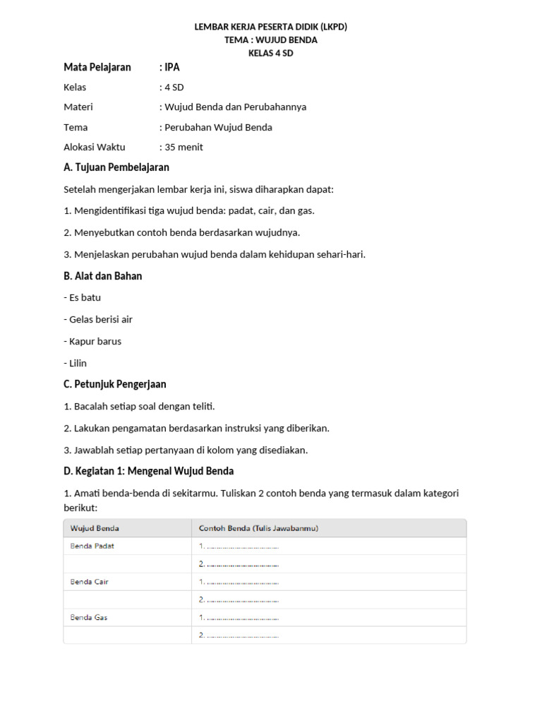 Lembar Kerja Peserta Didik (LKPD 1 Okt 2024) | PDF