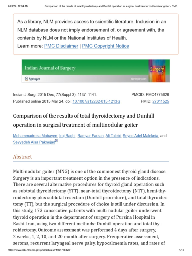 Comparison of The Results of Total Thyroidectomy and Dunhill Operation ...