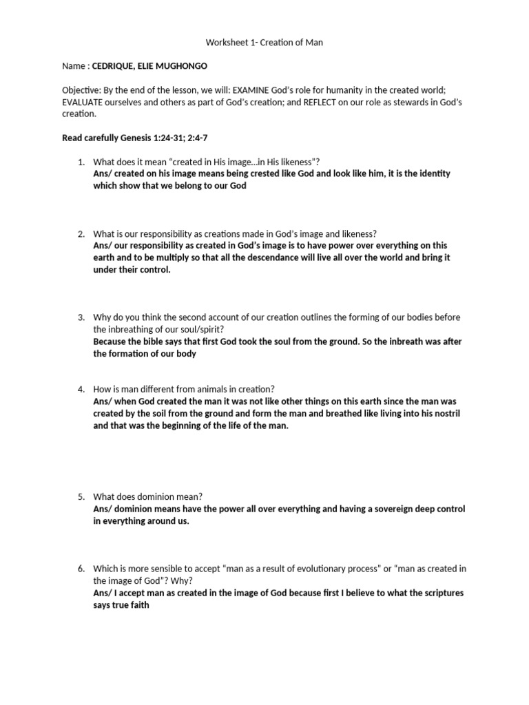 Worksheet 1a-Creation of Man | PDF | God | Genesis Creation Narrative