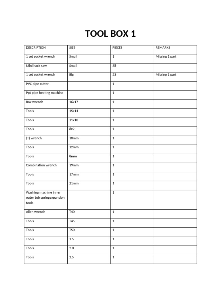 Tool Box 1-Wps Office | PDF | Equipment | Mechanical Engineering