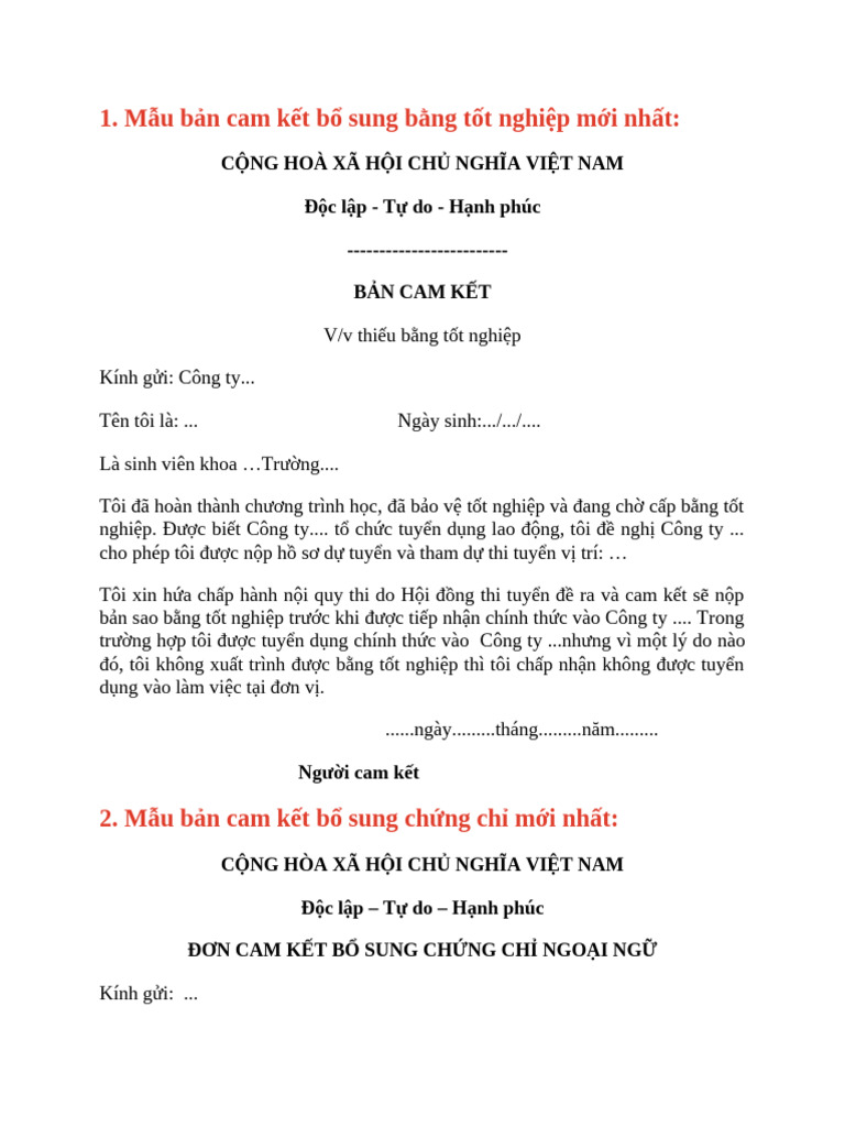 Mau Ban Cam Ket Bo Sung Chung Chi Bang Tot Nghiep Moi Nhat | PDF