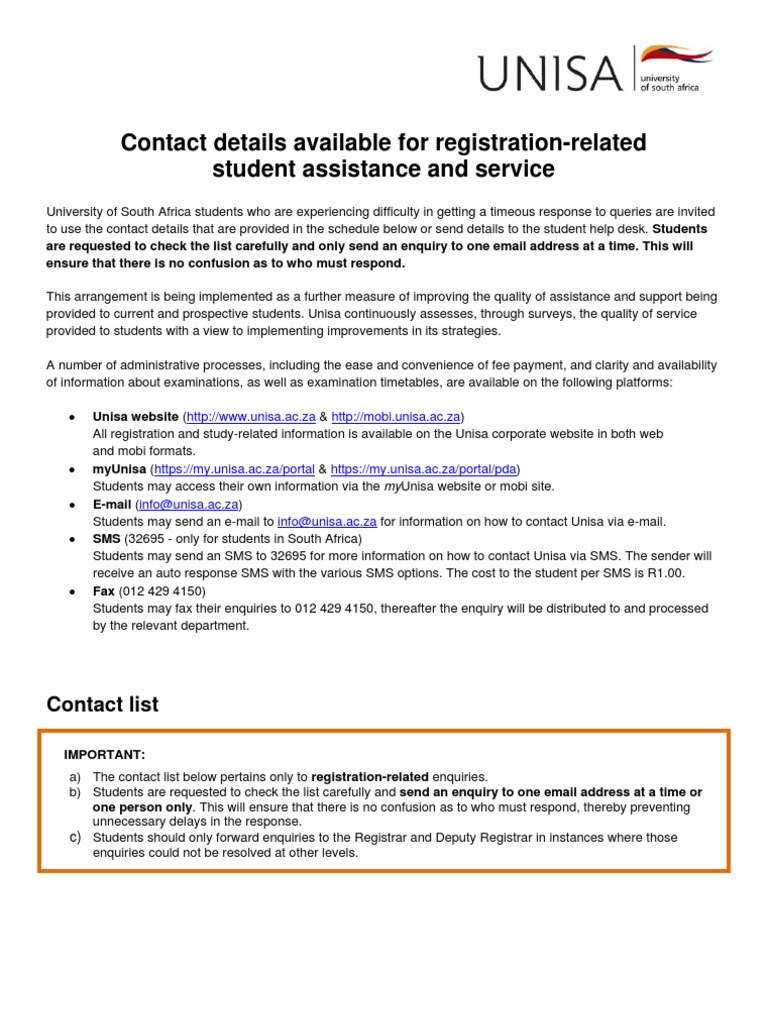 Unisa Registration Contact Details | PDF | Short Message Service | Email