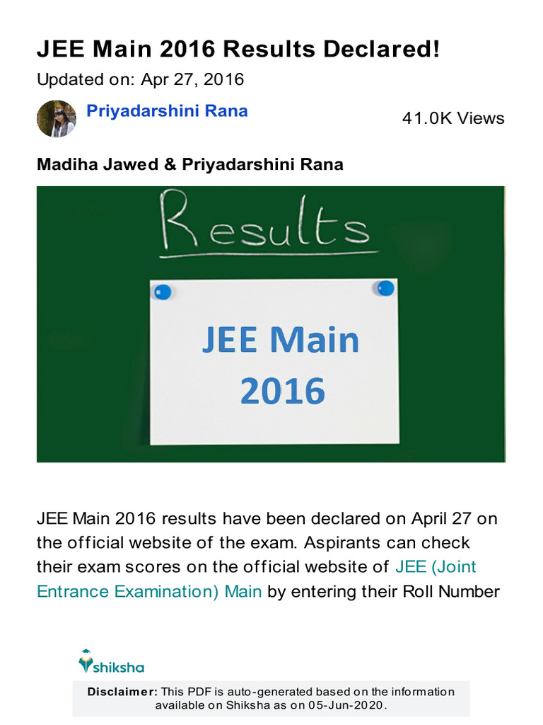 JEE Main 2016 Results Announced | PDF | Vocational Education | Recruitment