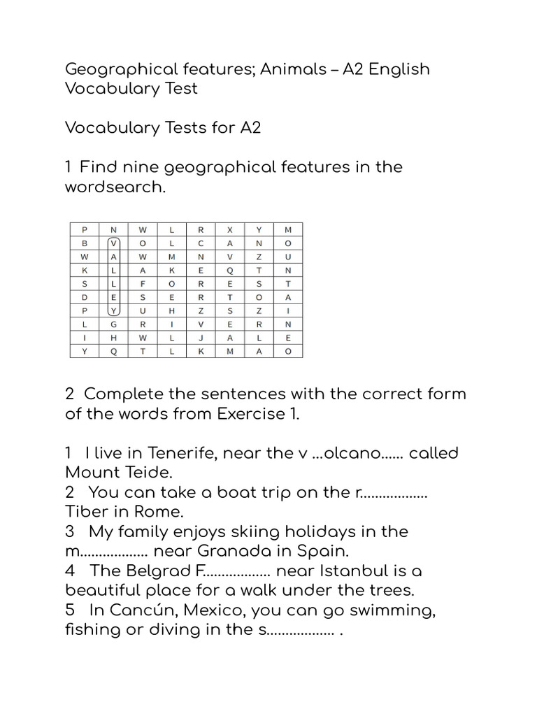 Geographical features; Animals – A2 English Vocabulary Test | PDF