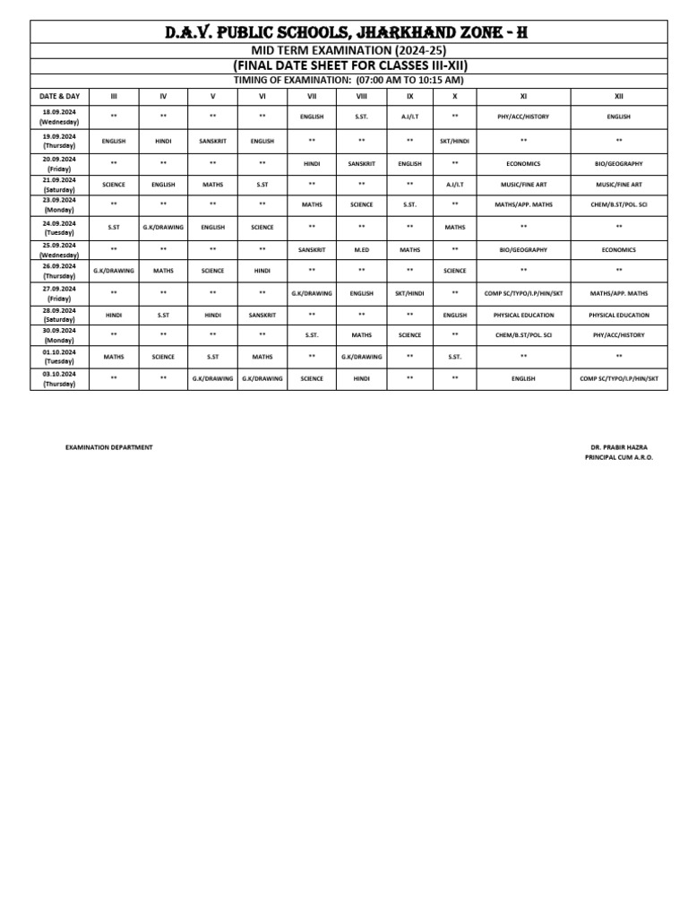 Mid Term Exam Schedule 2024-25 | PDF