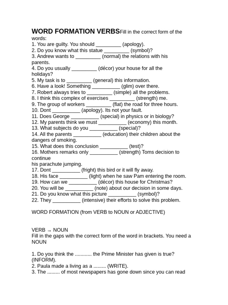 WORD FORMATION VERBSFill in the Correct Form of the Words | PDF