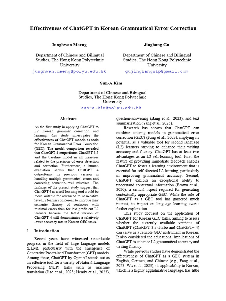 Effectiveness of ChatGPT in Korean Grammatical Error Correction | PDF | Second Language ...