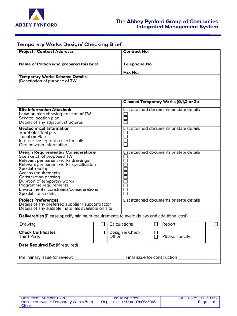 F220 Temporary Works Brief Check Jan 22 Issue 3 Writeable | PDF