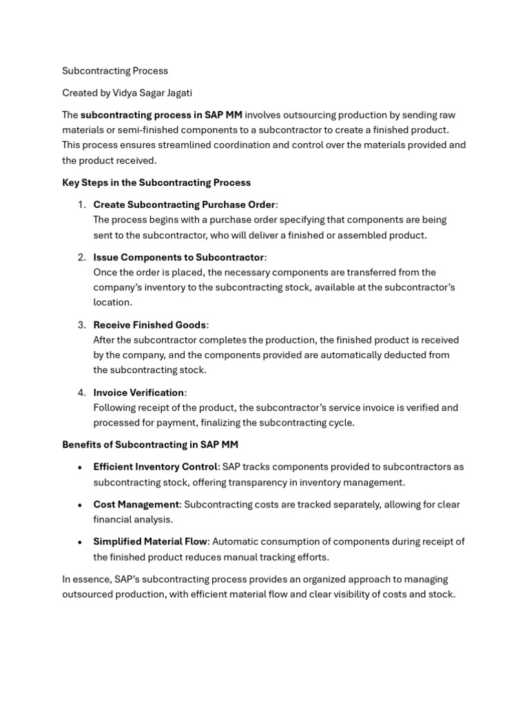 Subcontracting Process in SAP 1730325851 | PDF | Subcontractor | Inventory