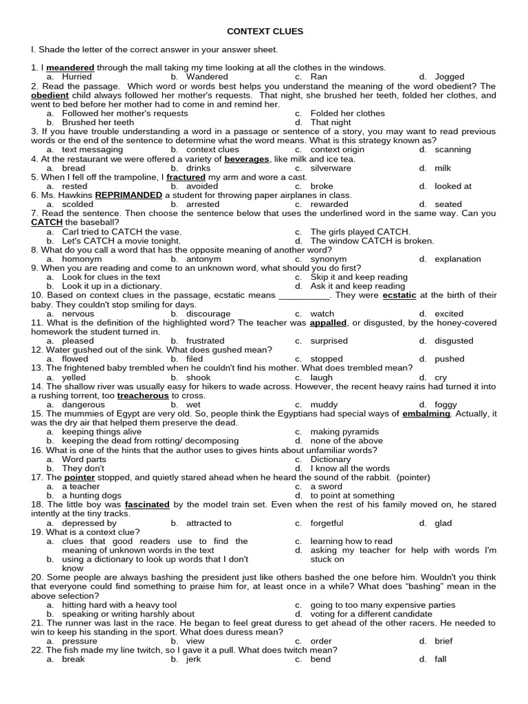 English 8 Context Clues Assessment | PDF