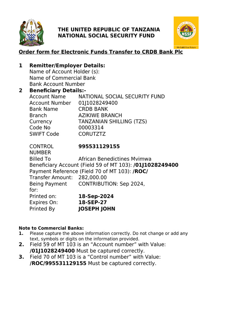 CRDB 289906 Payment Order Form 18-Sep-2024 - 1222pm | PDF | Business