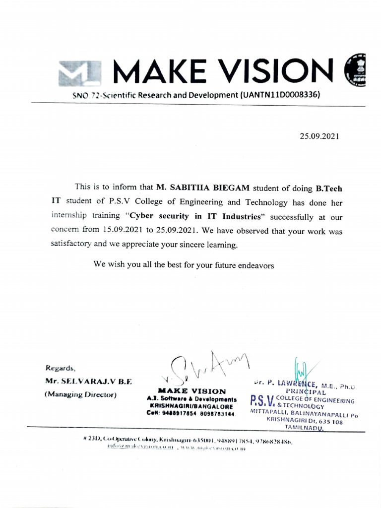 Internship Completion Certificates for B.Tech IT | PDF | Engineering