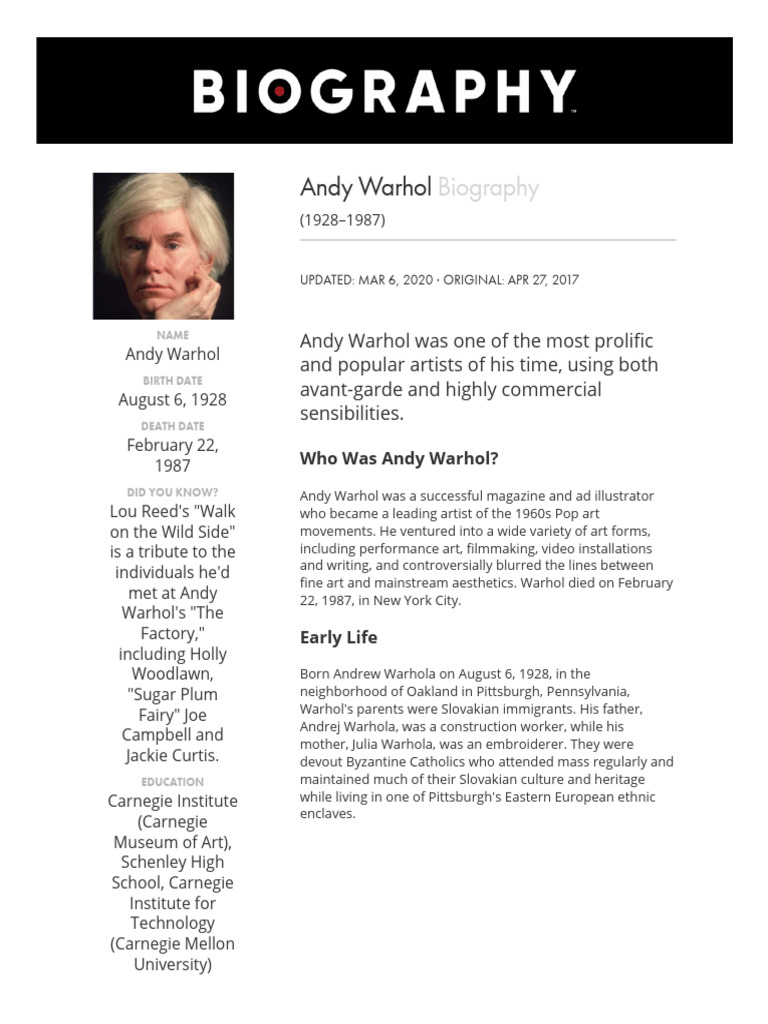 Andy Warhol Death Art Facts Biography | PDF | Andy Warhol