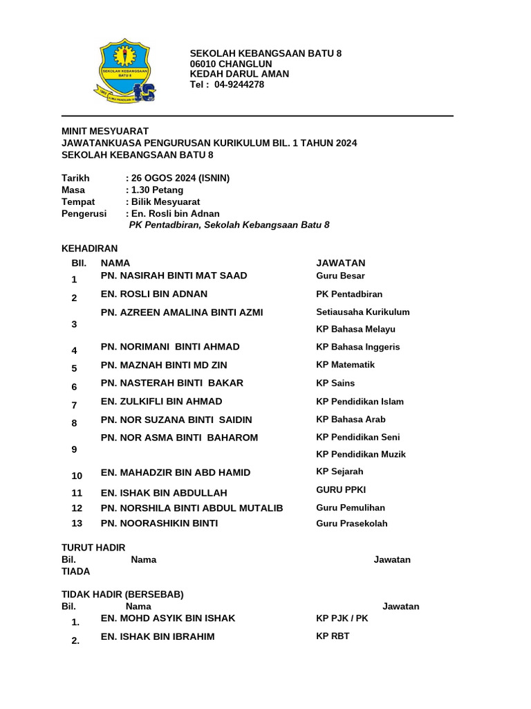 Minit Mesyuarat Kurikulum Bil. 2 2024 | PDF