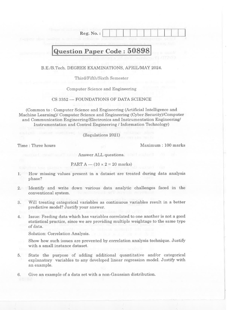Foundation of Data Science - CS3352 2021 Regulation - Question Paper ...