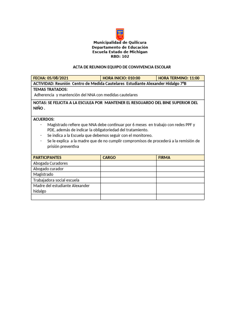 FORMATO ACTA CENTRO MEDIDAS CAUTELARES Alexander Hidalgo 7°B | PDF
