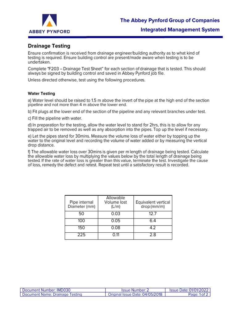 G207 Drainage Testing Jan 22 Issue 2 | PDF