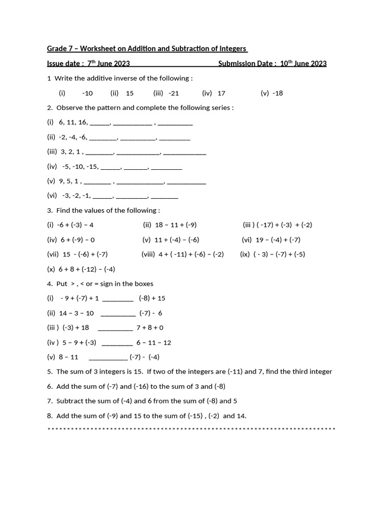 Grade 7 Integer Addition & Subtraction Worksheet | PDF