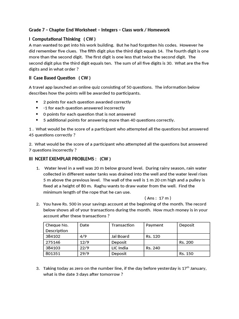 Grade 7 Integers Worksheet Solutions | PDF | Integer | Banks