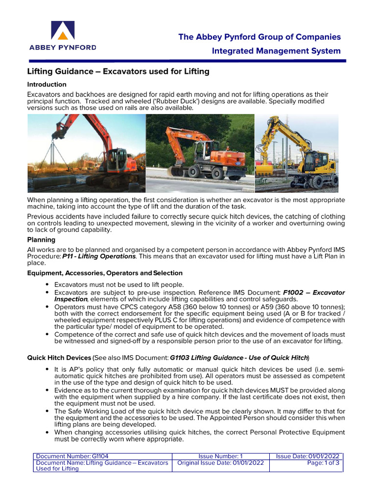 G1104 Lifting Guidance Excavators Used For Lifting Jan 22 Issue 1 | PDF