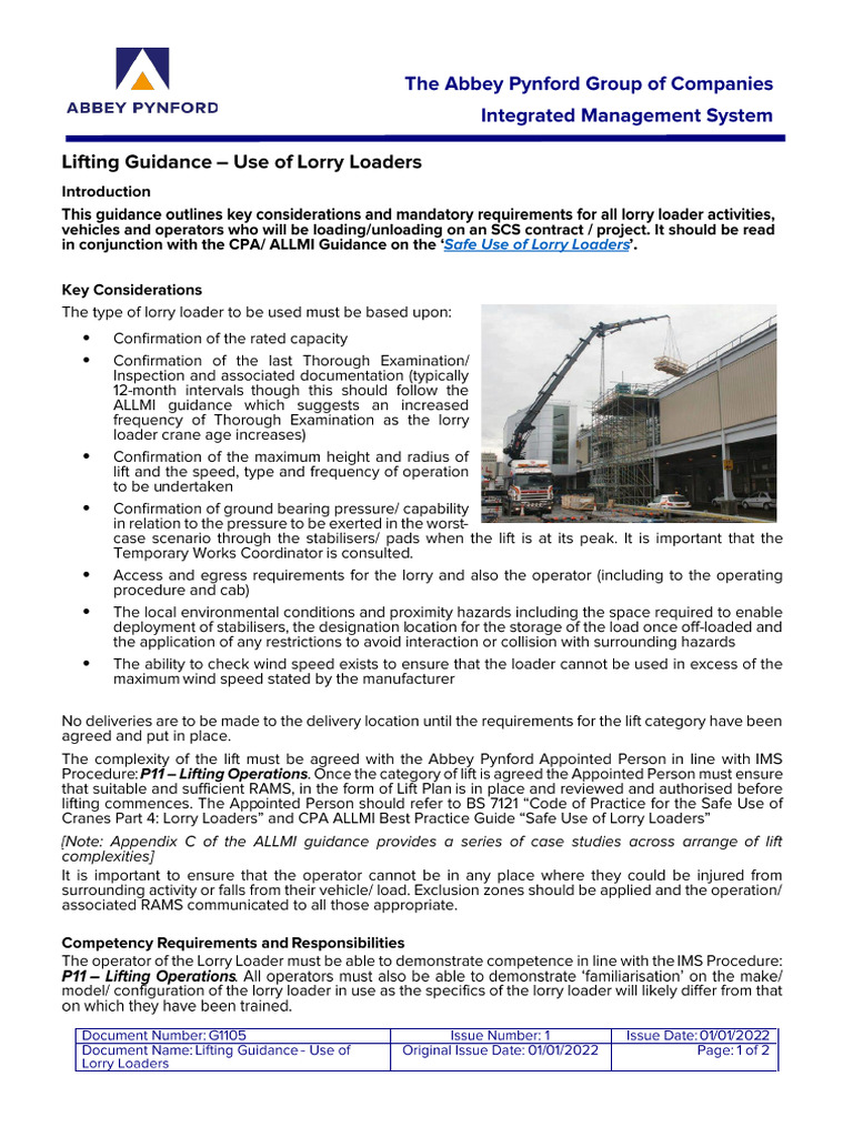 G1105 Lifting Guidance Use of Lorry Loaders Jan 22 Issue 1 | PDF