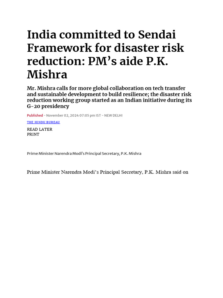 India Committed To Sendai Framework For Disaster Risk Reduction | PDF