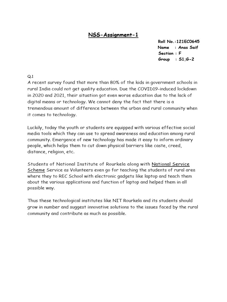 121EC0645 NSS Assignment 1 | PDF | Sanitation | Public Health