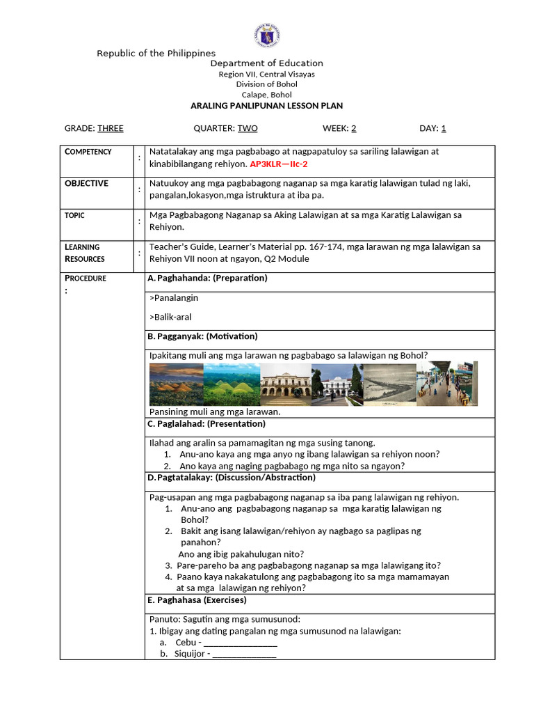 Araling Panlipunan Lesson Plan: Republic of The Philippines Department ...