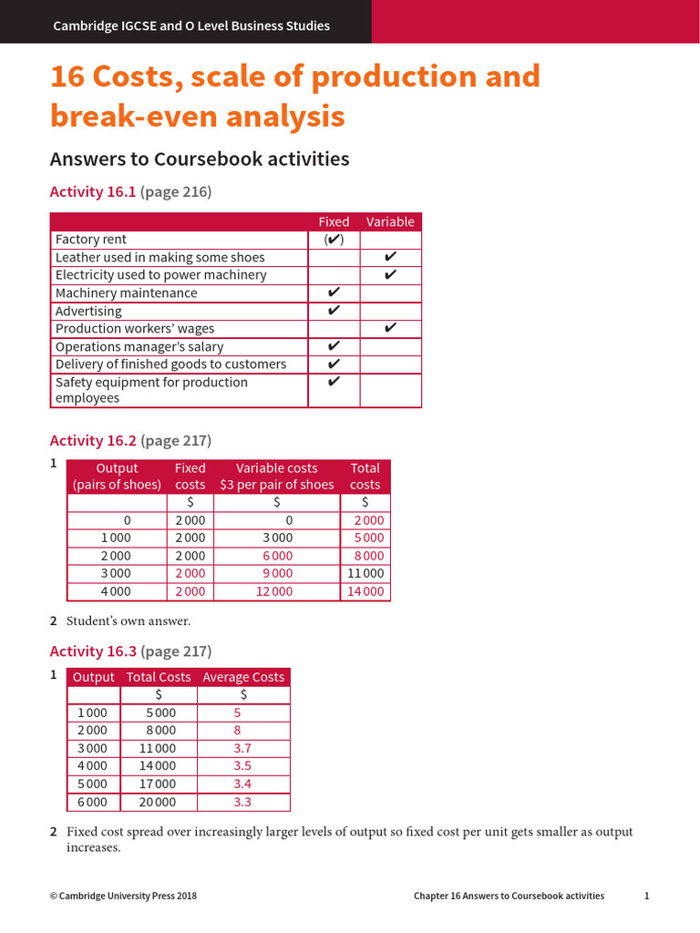 Costs, Scale of Production and Break Even Analysis | PDF | Average Cost ...