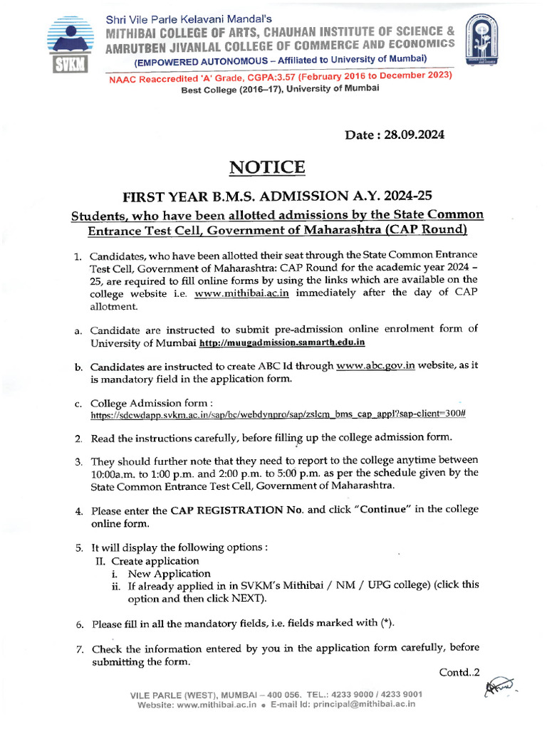 FYBMS Admission Notice 1 1 | PDF