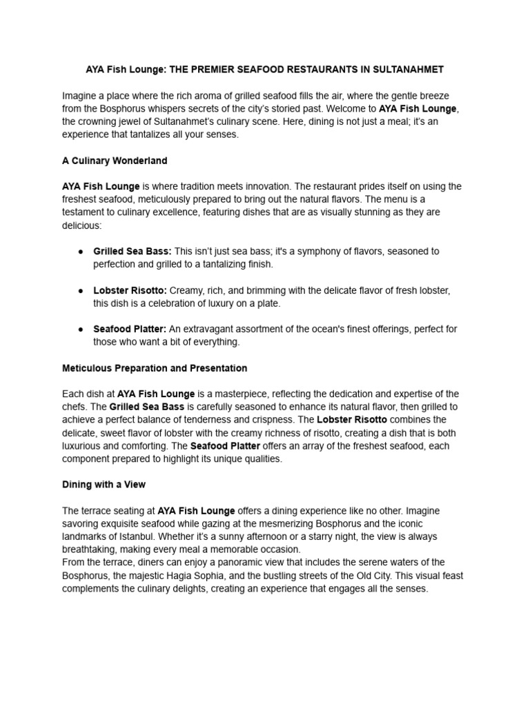 AYA Fish Lounge: Sultanahmet's Seafood Gem | PDF | Restaurants | Seafood