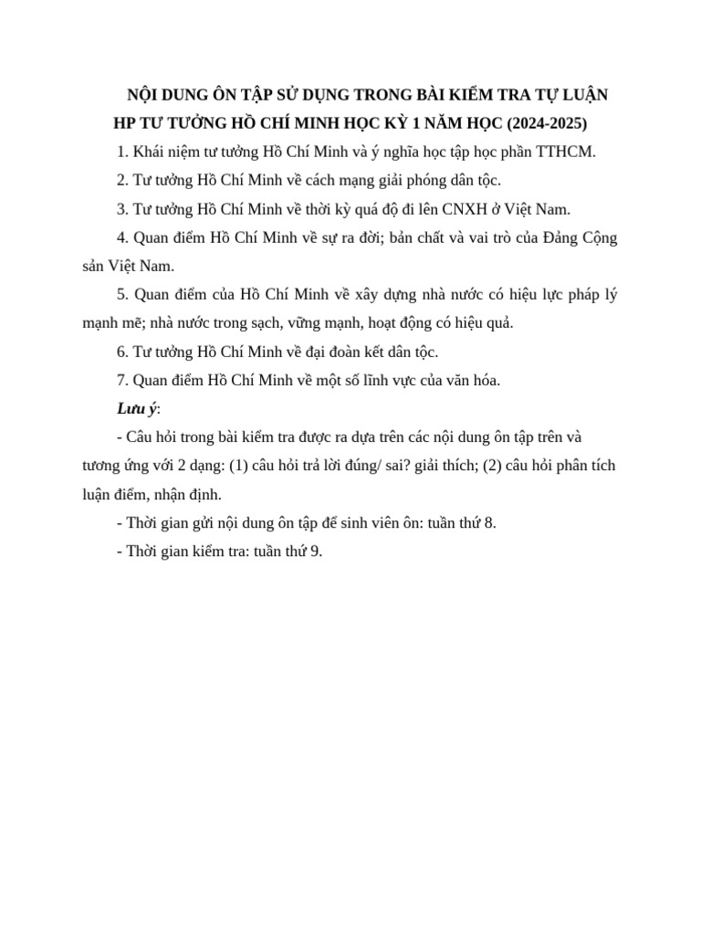 Vấn Đề Ôn Tập Kiểm Tra Bài TX1 Phần Tự Luận - TTHCM Kỳ 1 (2024-2025) | PDF